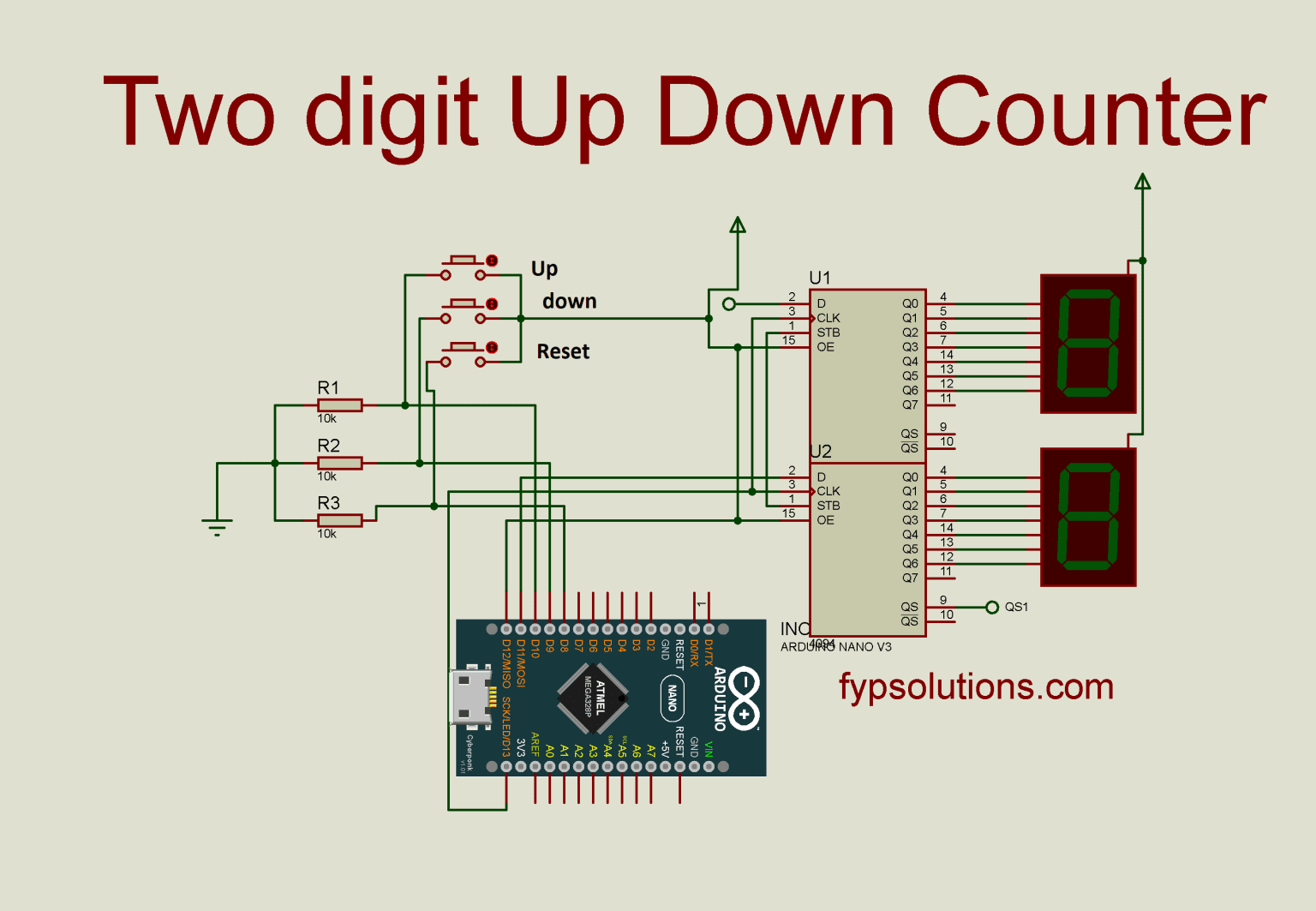 Two Digit Up Down Counter Arduino Nano Circuit | FYP Solutions